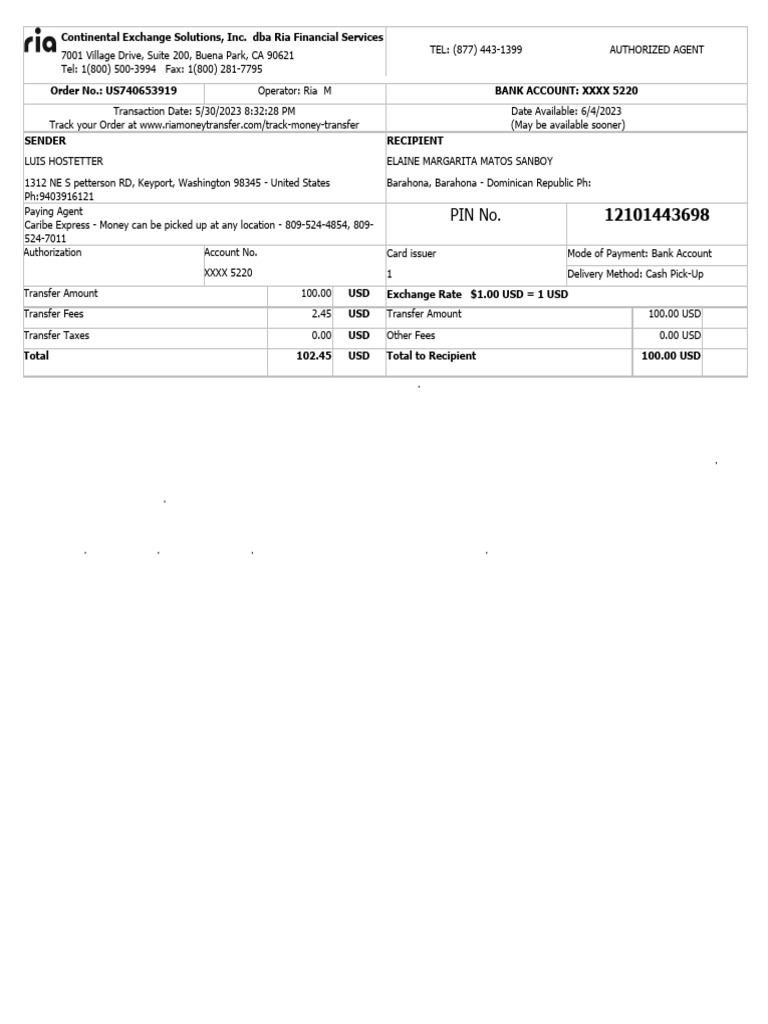 Ria-order-receipt-US740653919 | PDF | Payments | Receipt