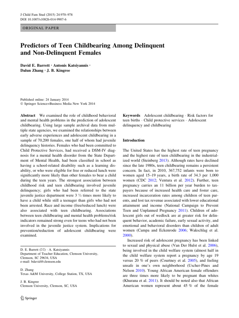 Predictors of Teen Childbearing Among Delinquent and Non-Delinquent ...