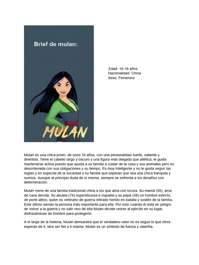 Mulan: Edad y Personalidad Valiente | PDF
