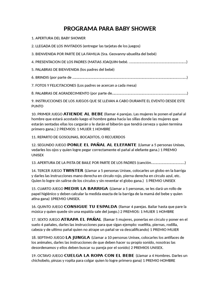 Programa para Baby Shower | PDF