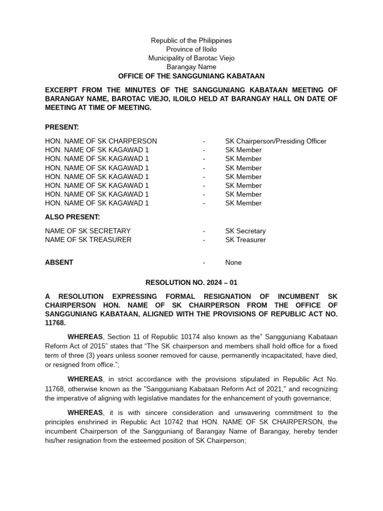 SK Chairperson Resignation Resolution | PDF | Governance | Justice