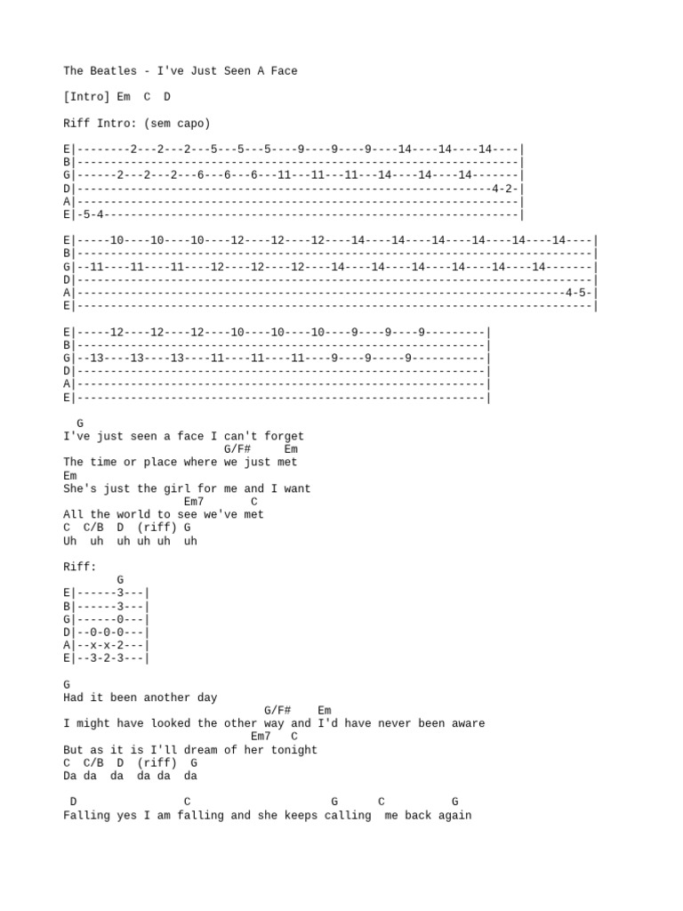 Beatles: I've Just Seen A Face Chords | PDF | Song Recordings | Songs ...