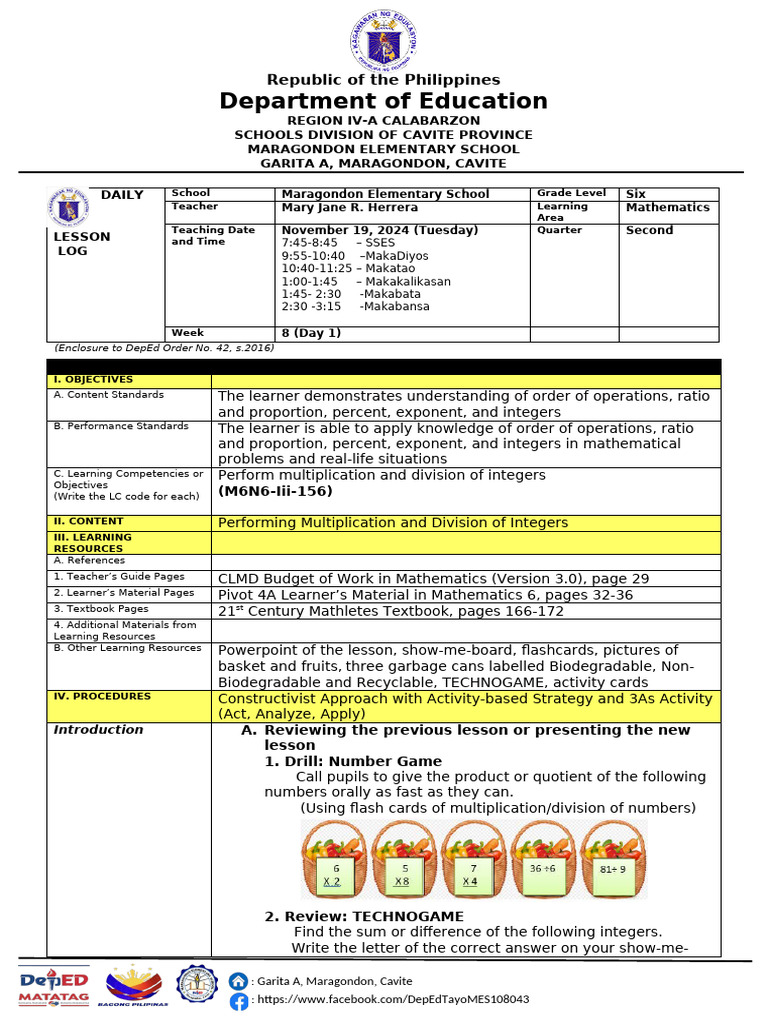 Grade 6 Math Lesson Plan: Integers | PDF | Learning | Teachers