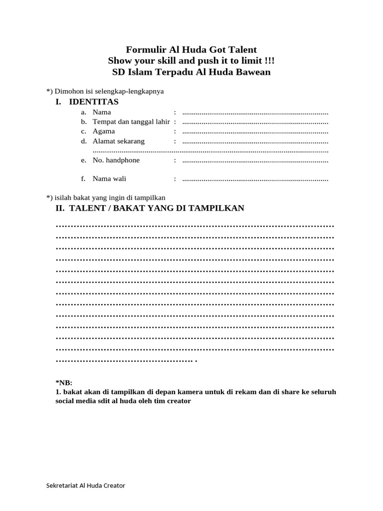 Formulir Al Huda Got Talent | PDF