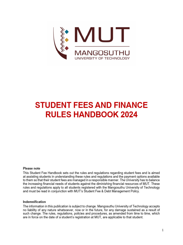 MUT 2024 Student Fees Handbook | PDF | Payments | Banks