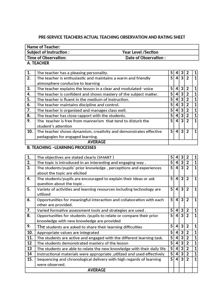 Teacher Observation Rating Sheet | PDF | Teachers | Learning