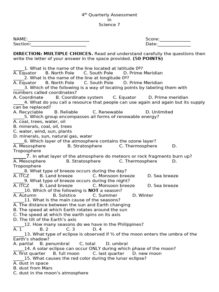 4th Quarter Assessment Sci 7 | PDF | Earth | Eclipse