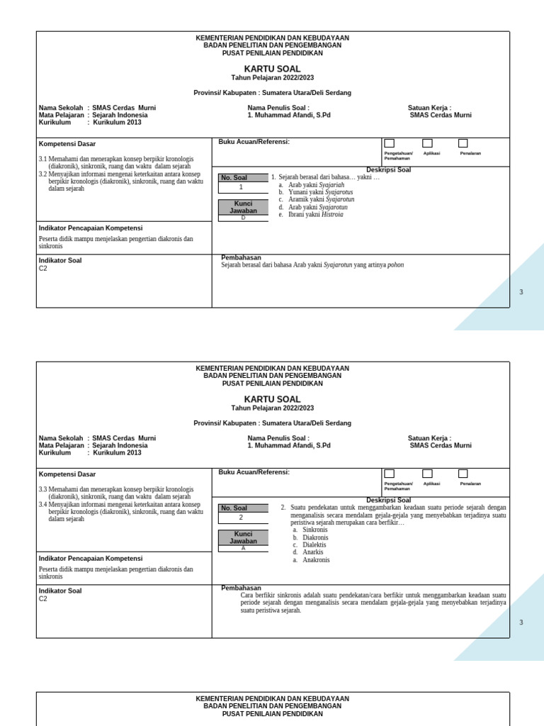 Format Kartu Soal k13 | PDF