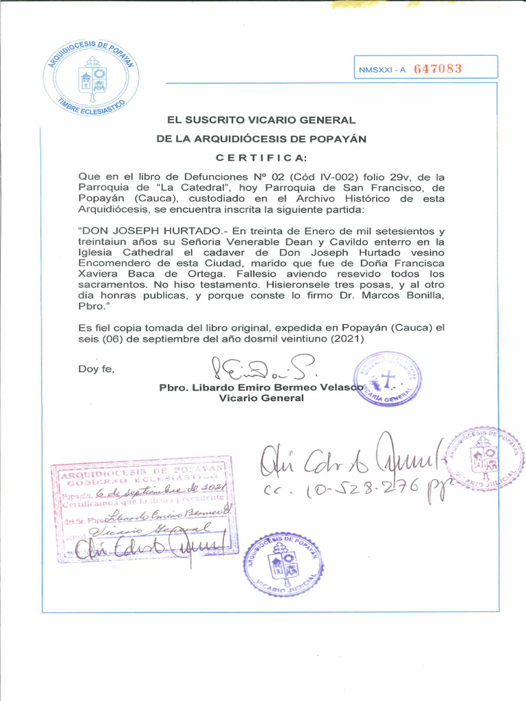 Pdefuncion-Don Joseph Hurtado Del Aguila-1731 | PDF