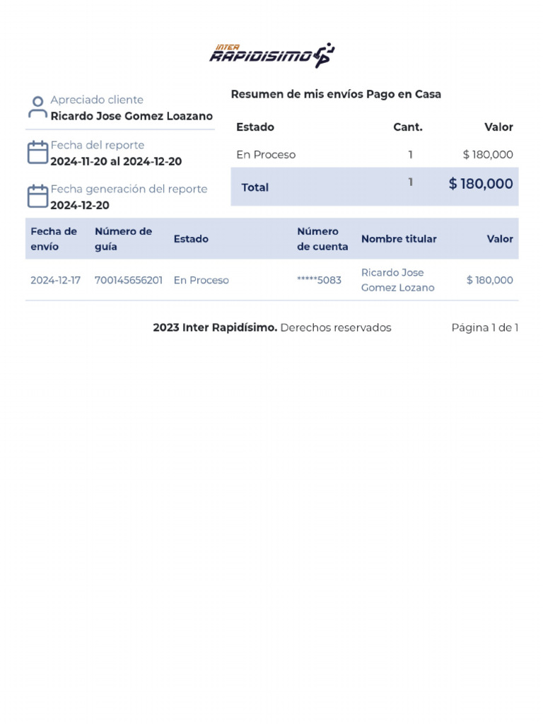 Reporte Mis Envios Pago en Casa 20122024 | PDF