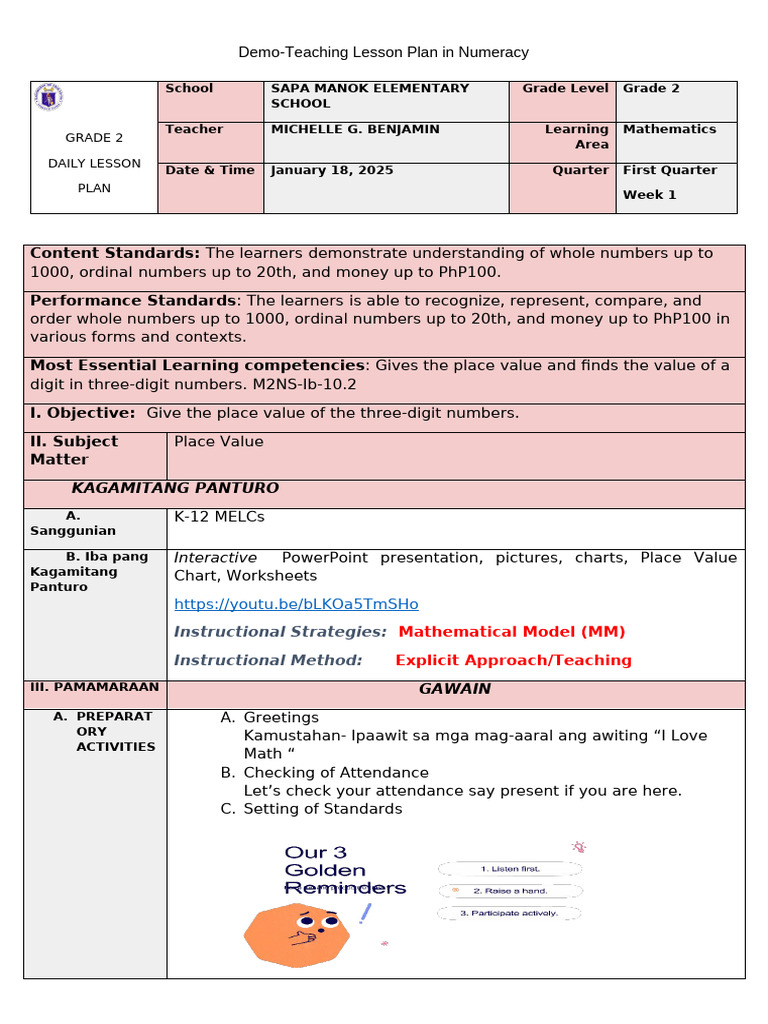 Demo Lesson Plan NUMERACY GRADE 2 | PDF | Lesson Plan | Teaching