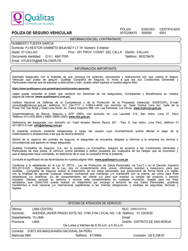 Póliza Vehicular Cliente Humberto Tuesta Garcia | PDF | Póliza de ...