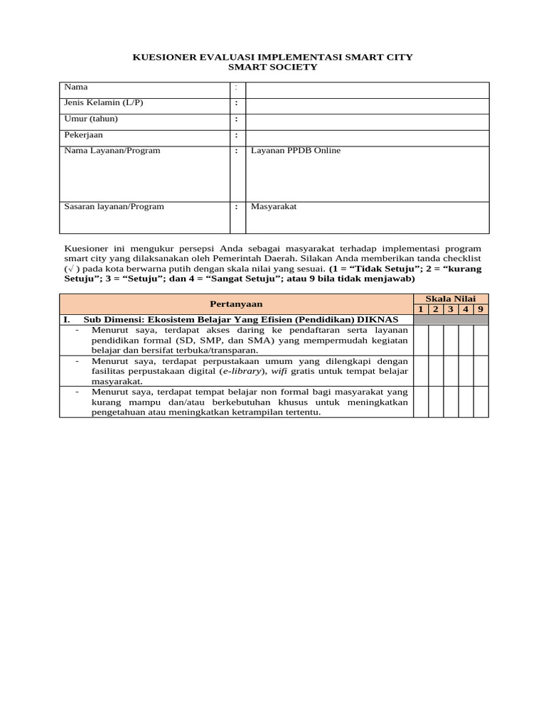 Kuesioner Evaluasi Implementasi Smart City 2024 Diknas | PDF