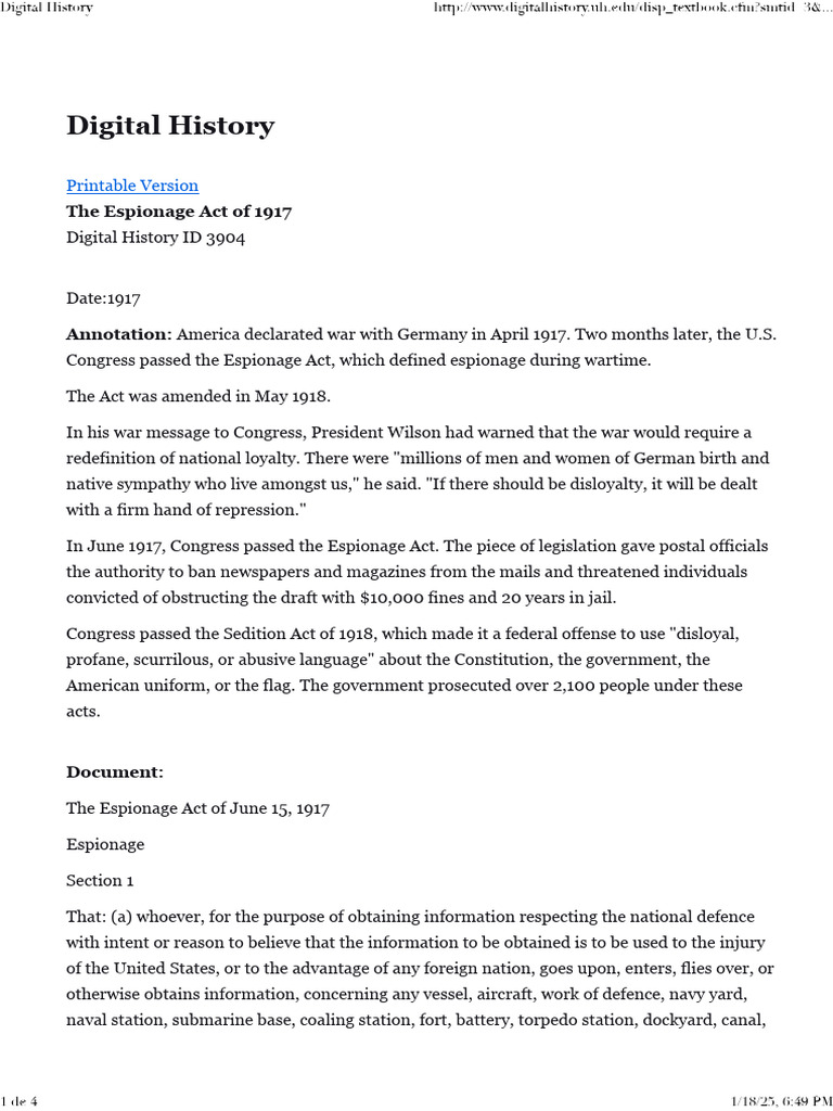 The Espionage Act of 1917 | PDF | Espionage Act Of 1917 | Justice