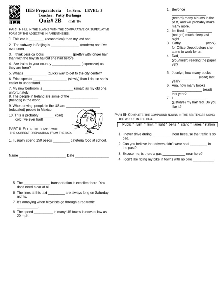 IIES PREPA Quiz 2B English 3 Fall 2019-American File Level 3-Unit 3 ...