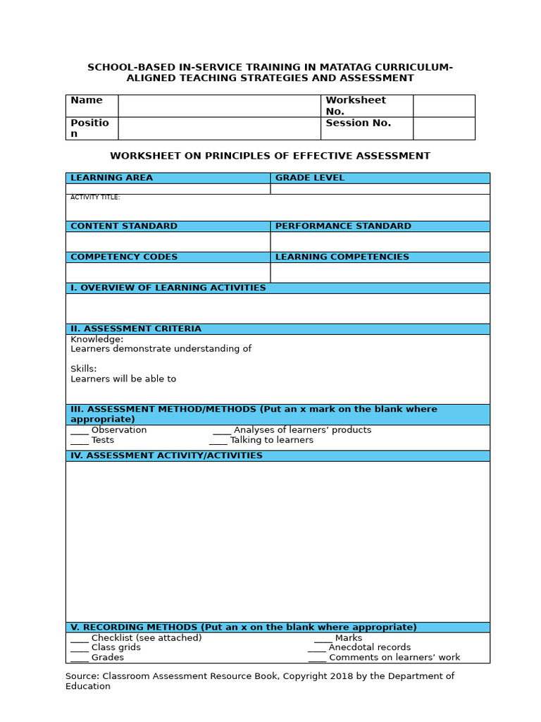 English Version Worksheet Principles of Effective Assessment | PDF