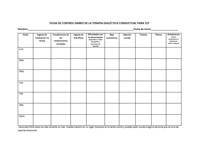 Ficha de Control Diario de La Terapia Dialéctica Conductual para TLP | PDF