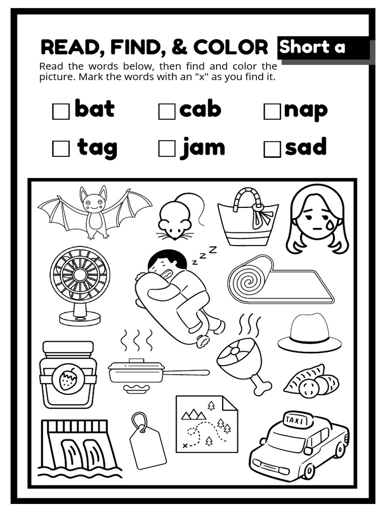 Read, Find, and Color Short A CVC Worksheet | PDF