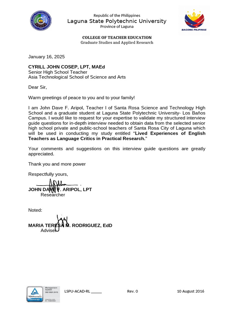 Validation Request for Interview Guide | PDF