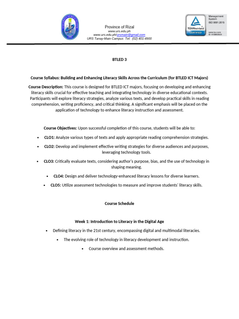 Syllabus For Building Literacy Skills Across Curriculumn | PDF ...