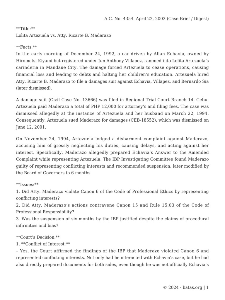 Maderazo Disbarment Case Summary | PDF | Conflict Of Interest ...