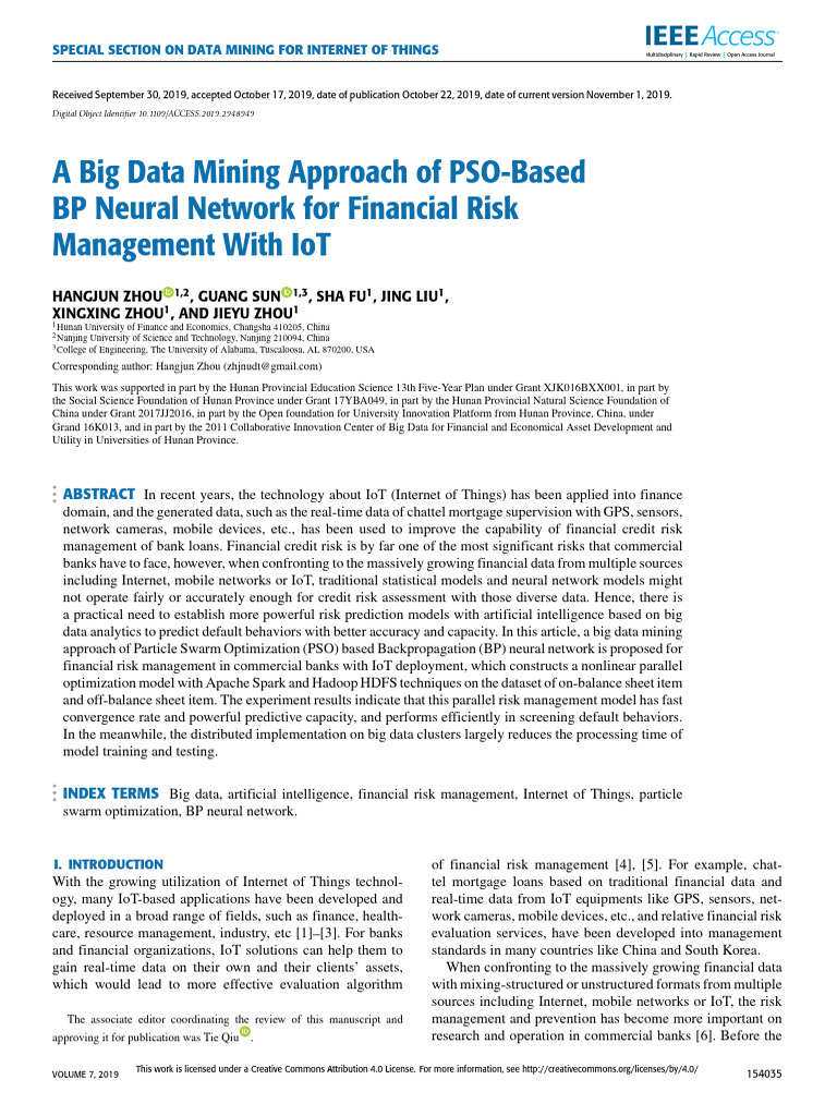 A Big Data Mining Approach of PSO-Based BP Neural Network For Financial Risk Management With IoT ...