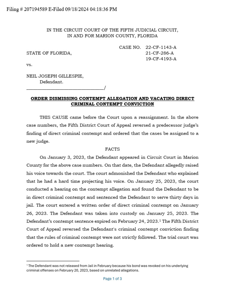 Order Dismissing Contempt Allegation and Vacating Direct Criminal ...