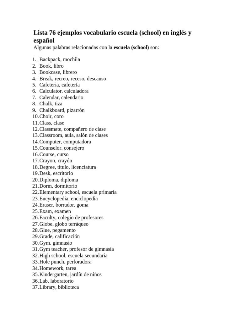 Vocabulario Escolar: 76 Términos en Inglés y Español | PDF | Verbo ...
