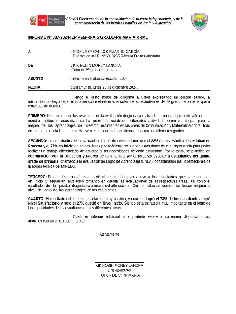 INFORME DE REFUERZO ESCOLAR 2024-OK | PDF | Evaluación | Aprendizaje