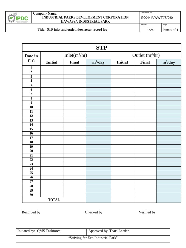 STP Inlet and Outlet Flowmeter Record Log | PDF