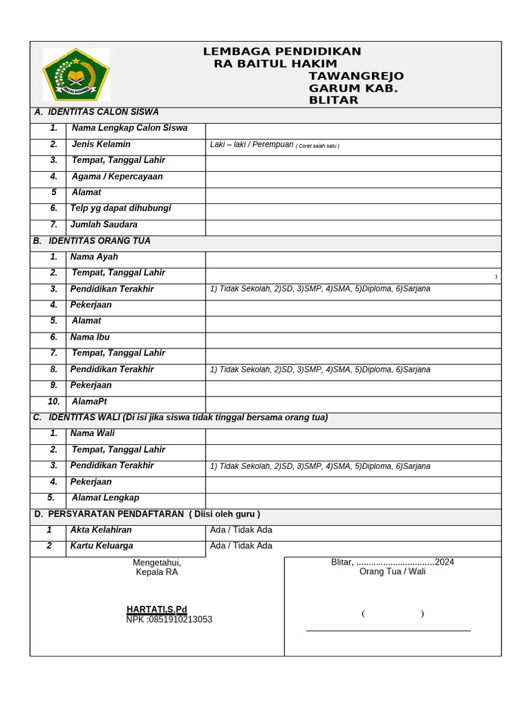 Formulir Pendaftaran Siswa Baru RA | PDF