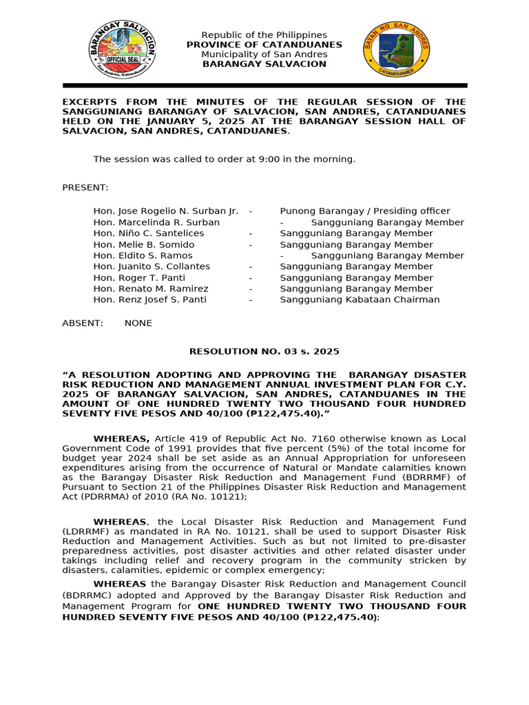 BDRRM RESO Budget 2025 | PDF | Government