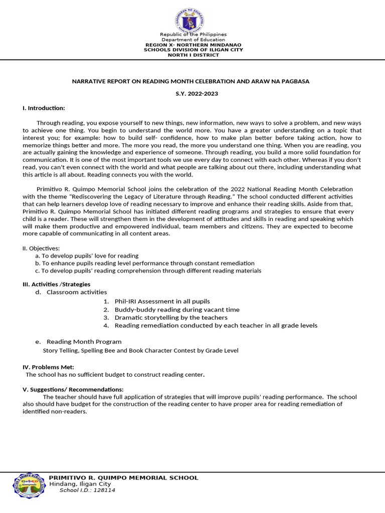 narrative-report-on-reading-month | PDF | Learning | Behavior Modification