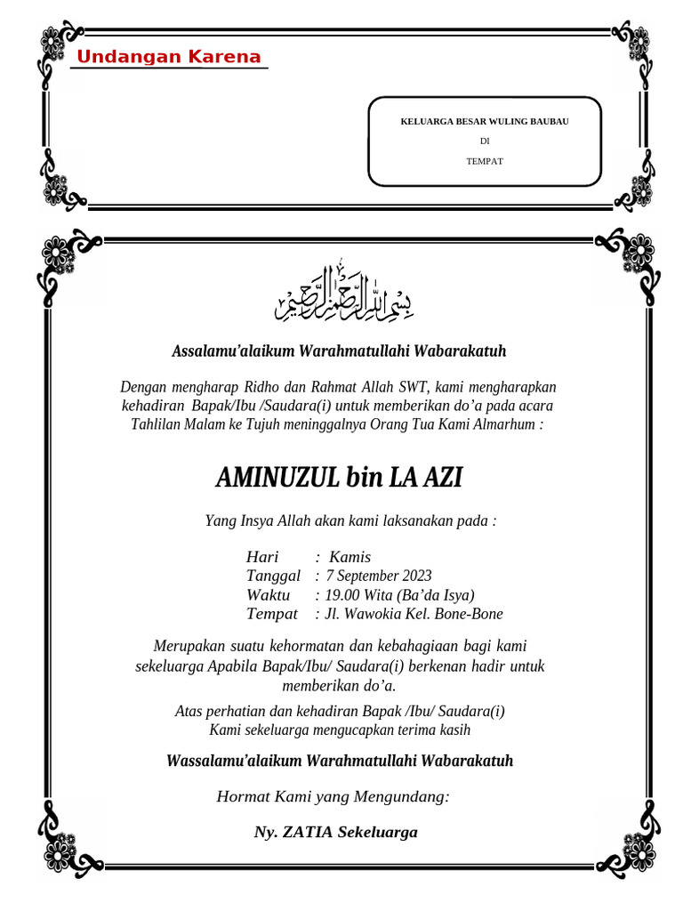 Undangan Tahlil Malam Ke 7 A4 | PDF