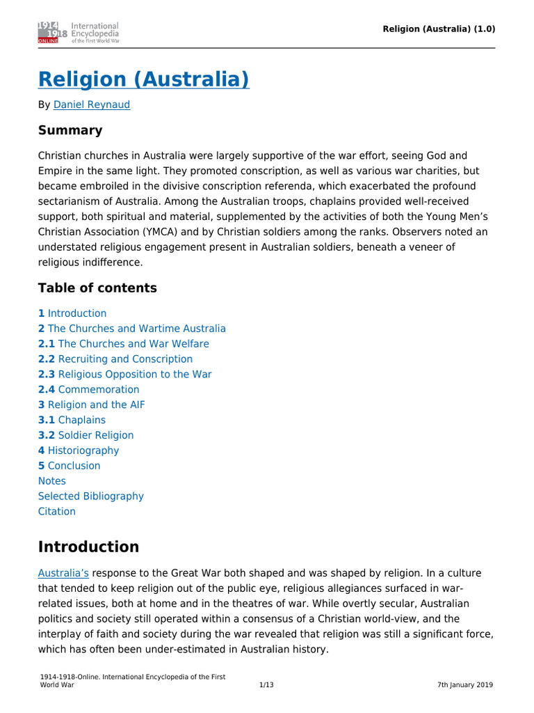 1914 1918 Online Religion Australia 1.0 | PDF | Protestantism | Faith