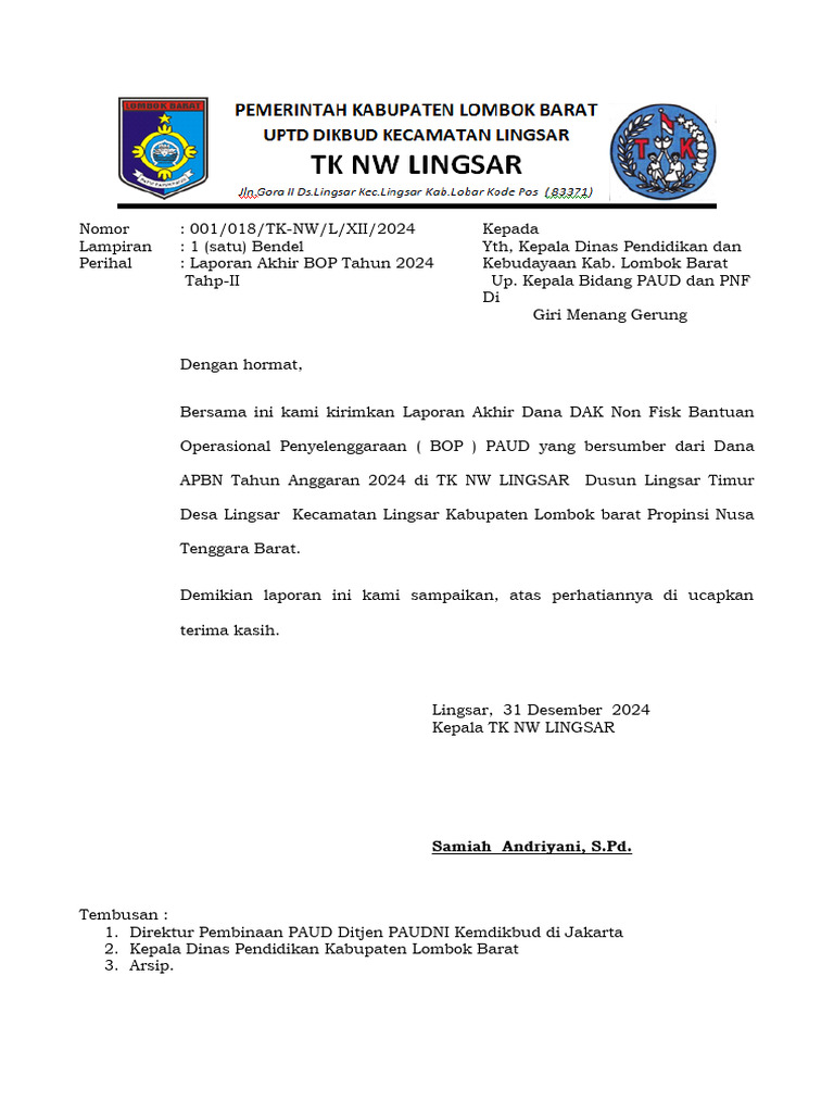 Laporan Akhir BOP PAUD 2024 di Lombok | PDF