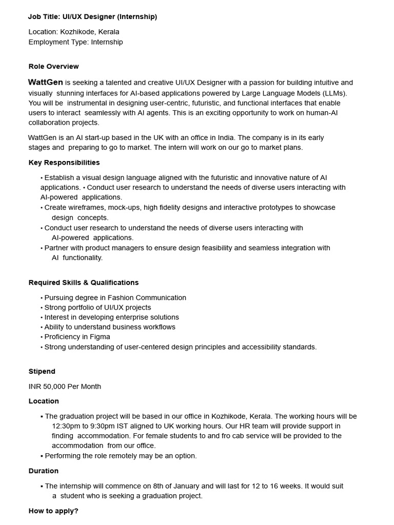 WATTGEN UI UX Designer Internship JD | PDF