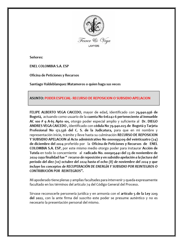 Poder Especial para Recurso en ENEL COLOMBIA | PDF