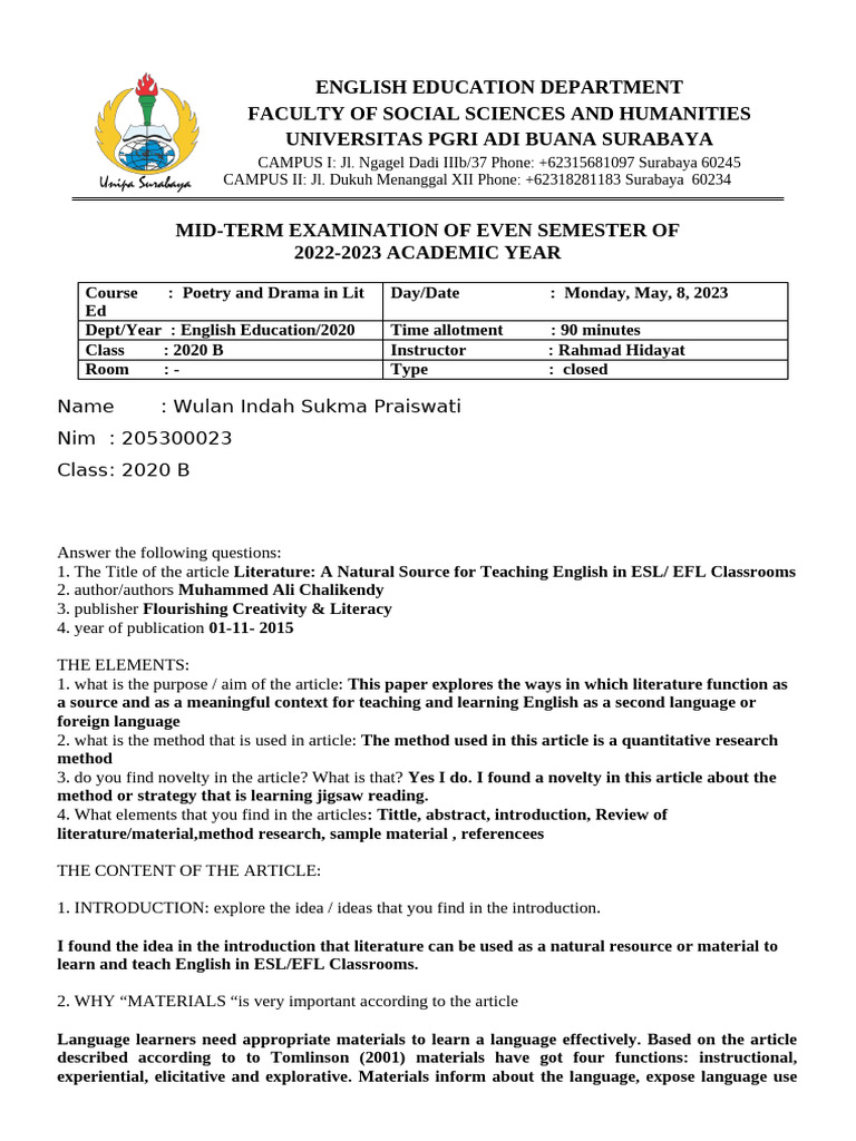 Wulan Indah S.P - Uts Poetry and Drama | PDF | English As A Second Or ...