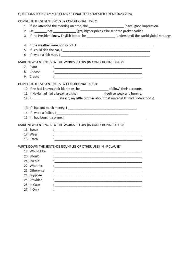 GRAMMAR CLASS 5BC FINAL TEST SEMESTER 1 YEAR 2023 | PDF