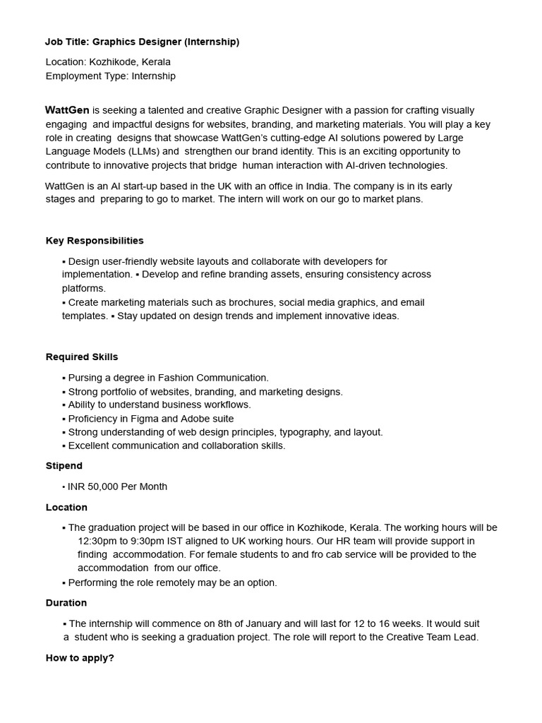WATTGEN - Graphics Designer Internship JD | PDF
