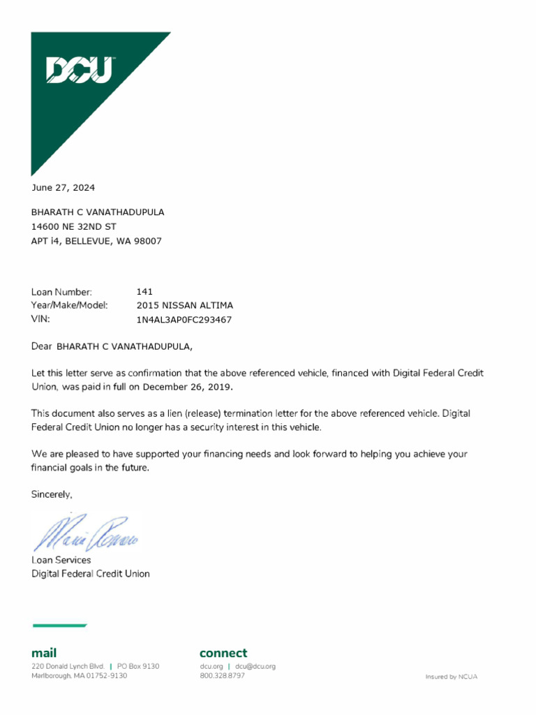 Vehicle Lien Release Confirmation Letter | PDF