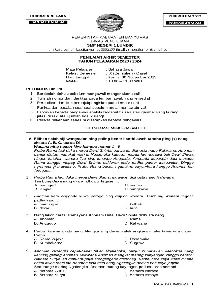 Soal PAS Bahasa Jawa Kelas IX | PDF