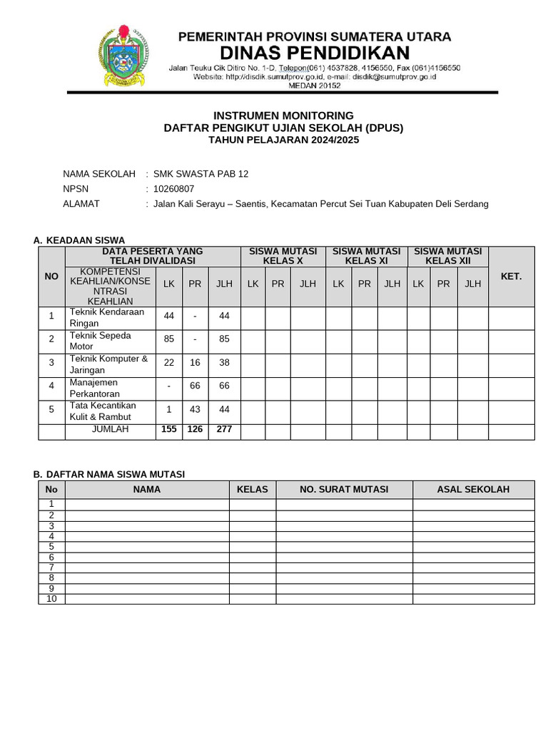 Data Peserta Ujian SMK PAB 12 2024 | PDF