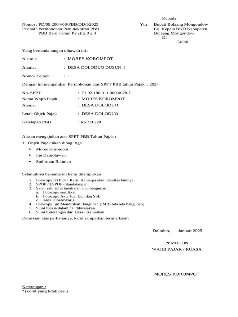 Permohonan Pemutakhiran dan Penghapusan PBB 2024 | PDF