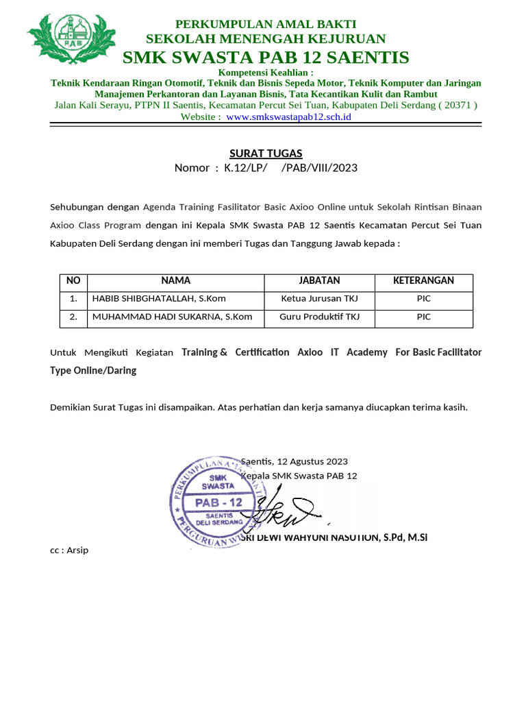 Tugas dan Kegiatan SMK PAB 12 Saentis | PDF