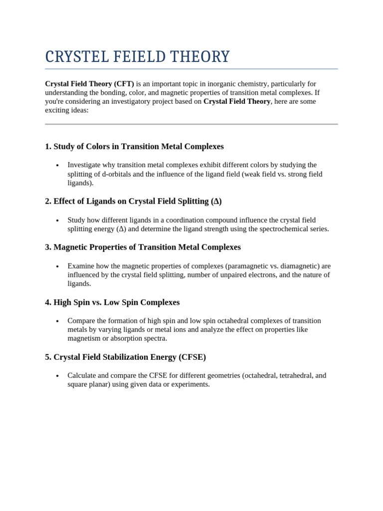 Crystal Field Theory Project Ideas | PDF