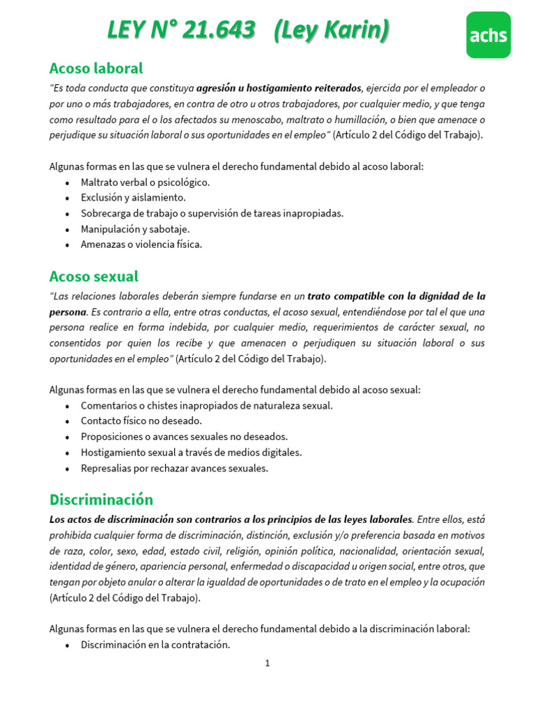 Resumen Ley Karin Achs | PDF | Acoso sexual | Discriminación