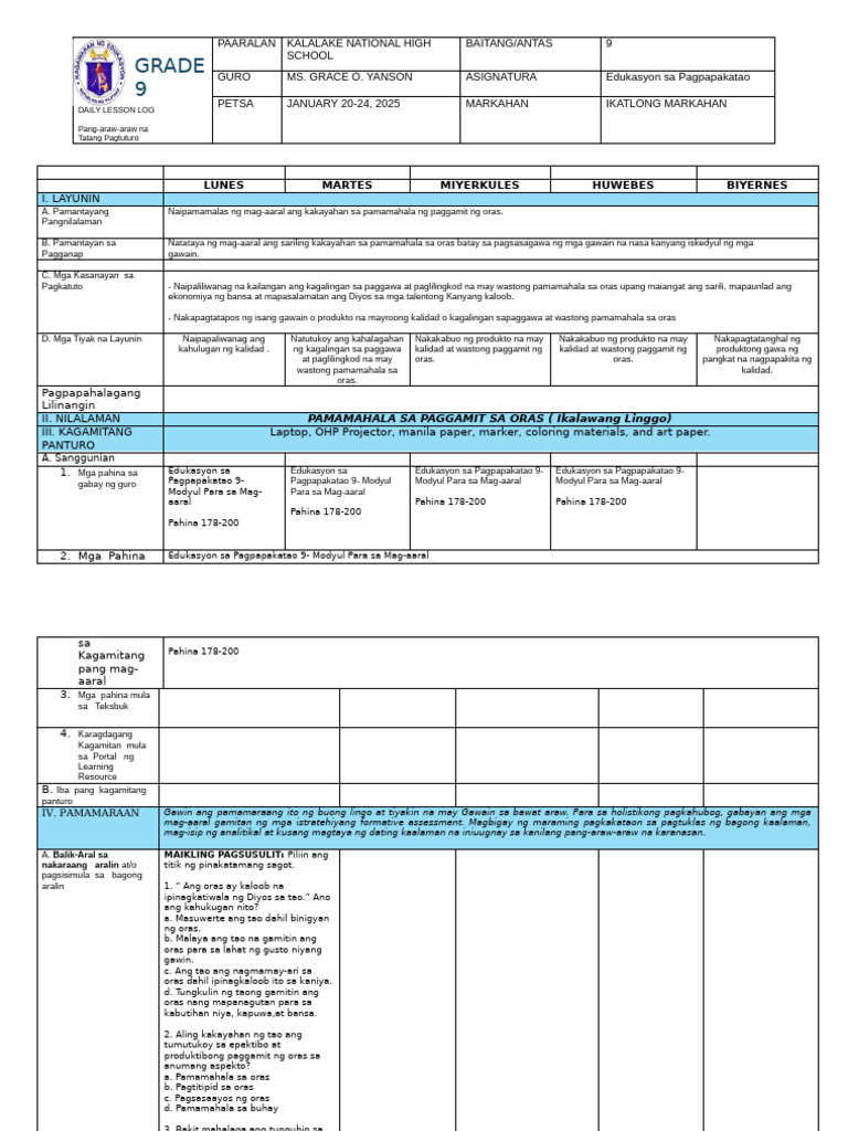 Q3 G9 Pamamahala Oras Week2 | PDF