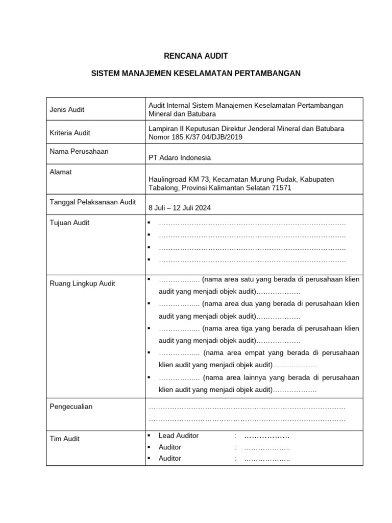 Rencana Audit Keselamatan Pertambangan | PDF